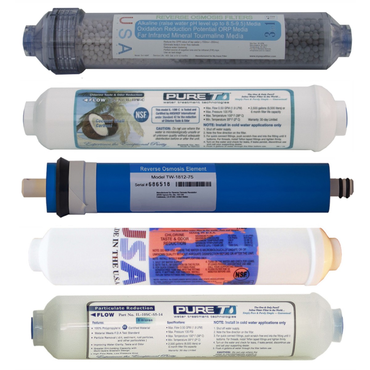 5 Filter Set for 5-stage Alkaline Countertop RO Systems, including ...